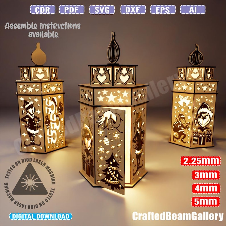 Weihnachtslaterne mit Tür Nachtlichtkerzenhalter 2,25 mm 3 mm 4 mm 5 mm Laserschnittdatei ...