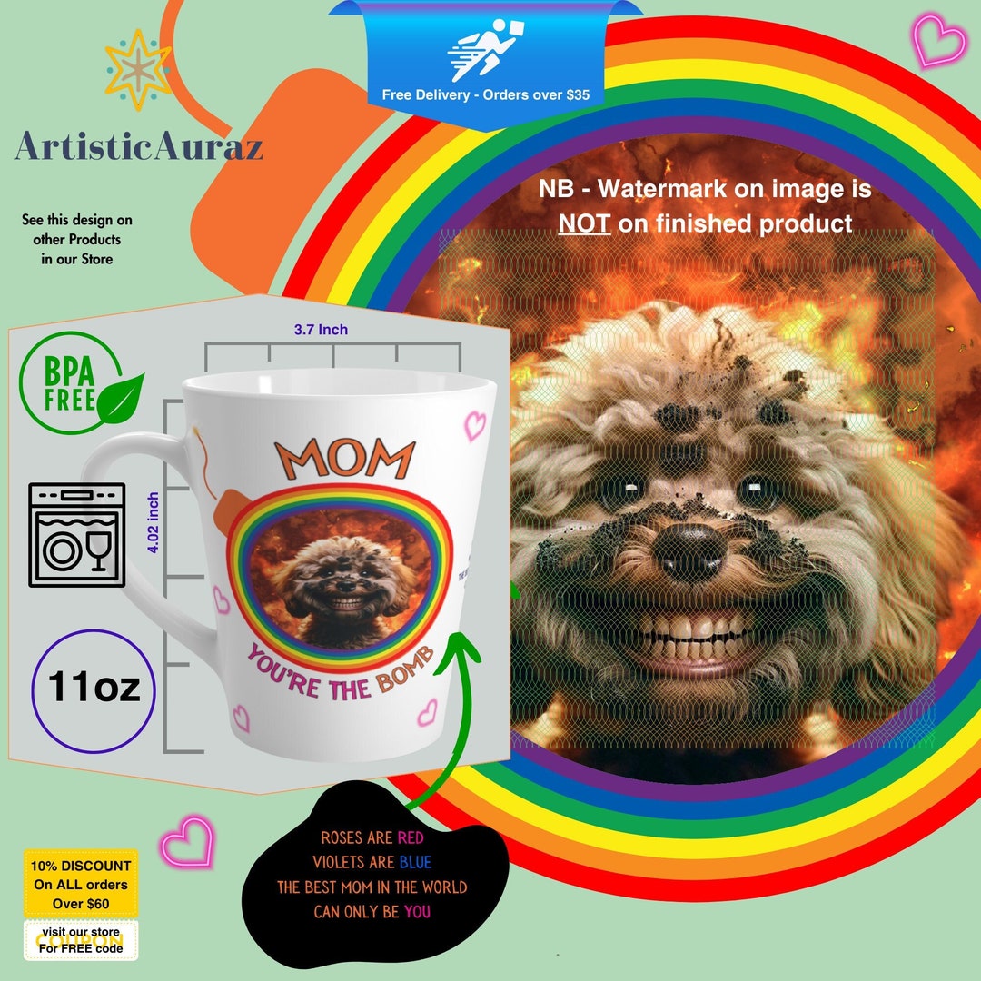 Gift White Latte Mug 12oz Cute Cockapoo Toothy Puppy Rainbow Frame ...