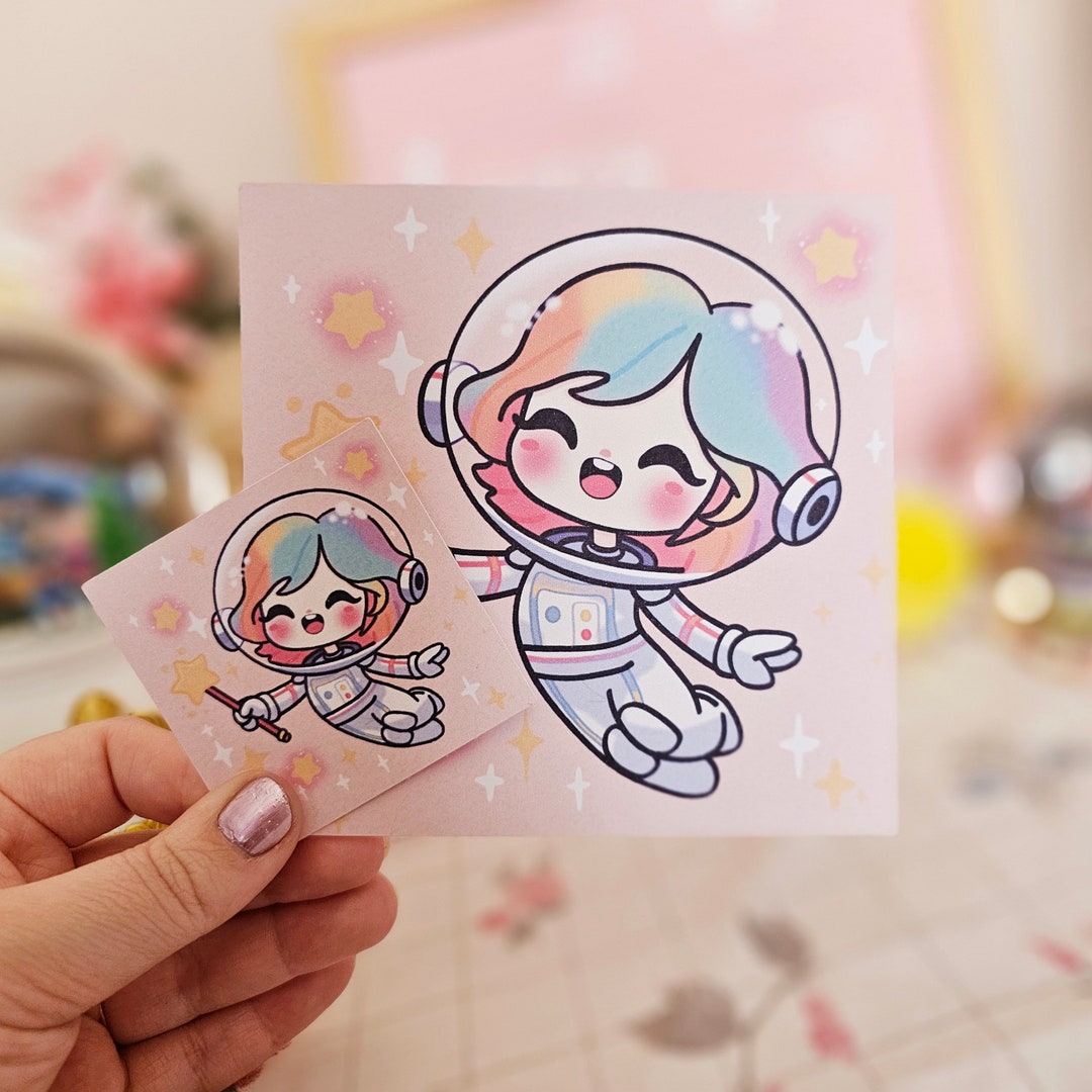 Cute Space Girl Kawaii Art Print Small Square Art Print Mini Art ...