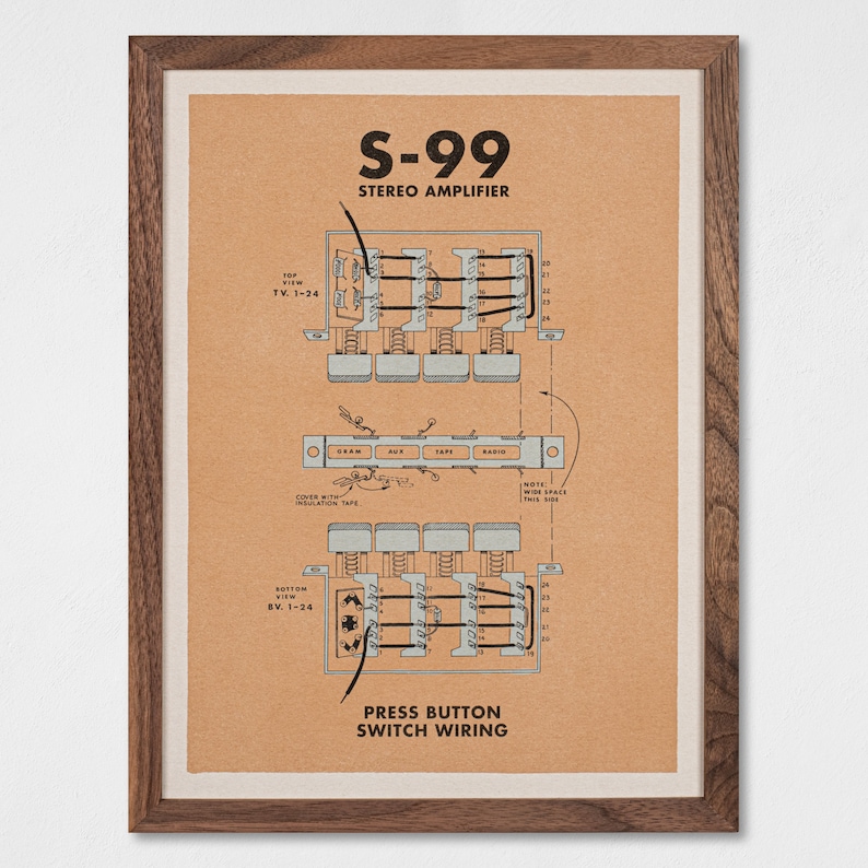 Vintage Amplifier Switch Wiring Diagram Art Print • Mid Century Hifi ...