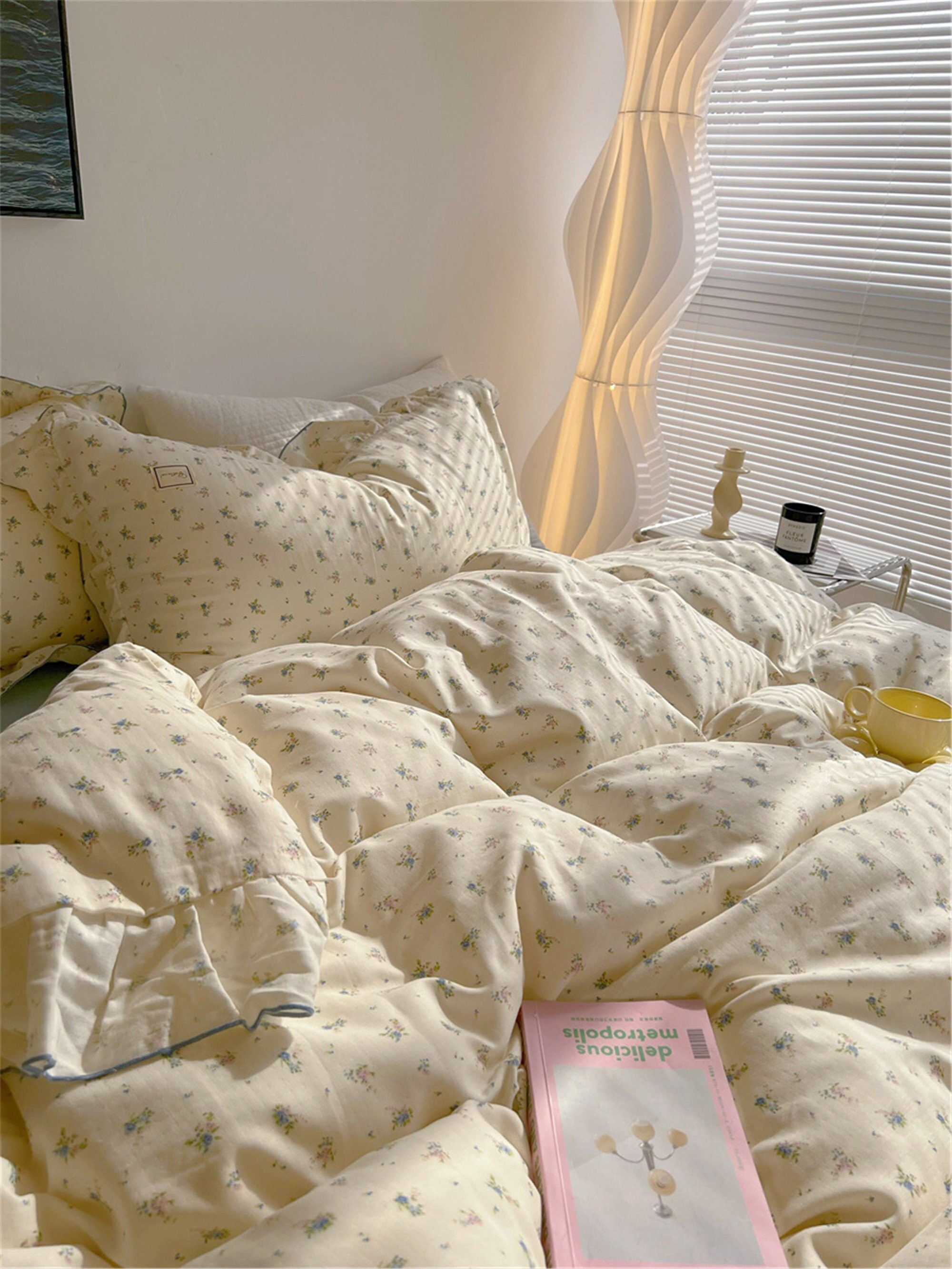 Fresh Blue Floral 100% Cotton Duvet Cover Set, Princess Ruffle Duvet ...