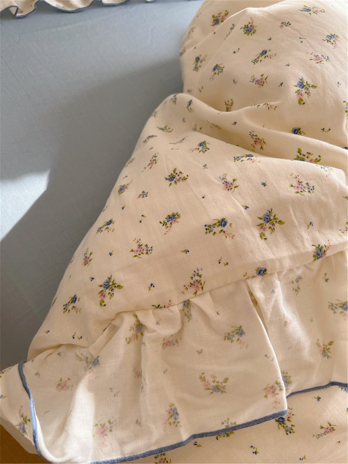 Fresh Blue Floral 100% Cotton Duvet Cover Set, Princess Ruffle Duvet ...