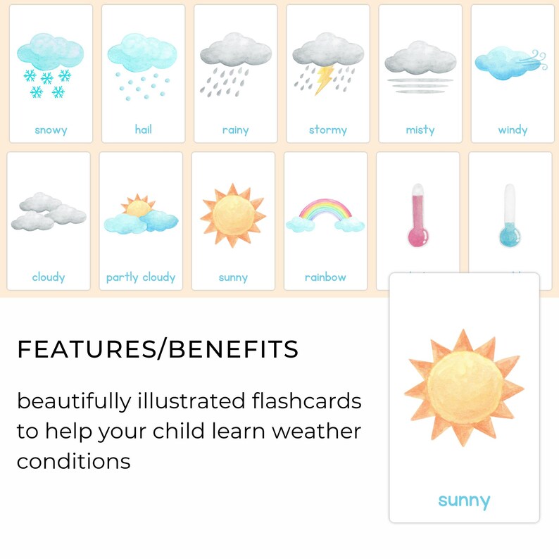 Weather Flashcards | Printable PDF | Learning Tool for Kids | US Letter ...