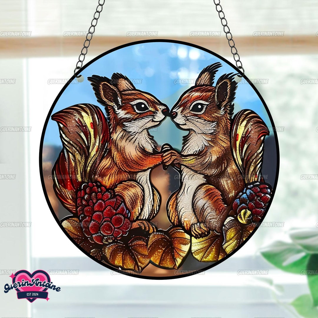 Squirrels in Forest Acrylic Window Decor, Nature Animals Window Hanging ...