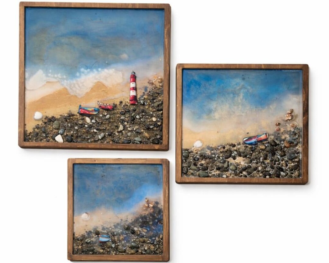 Epoxy Resin Beach Scene Canvas Art, Coastal Pebble Decor - Etsy