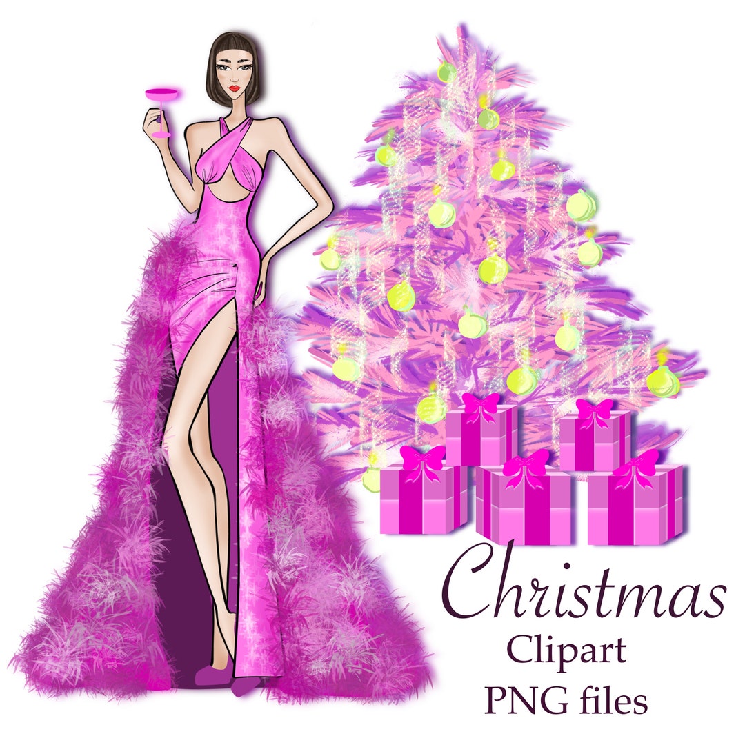 Christmas Digital Clipart, Stylish Woman in a Pink Dress, Gift Boxes ...