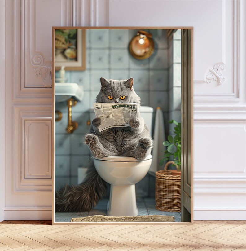 Cat on the Toilet With a Newspaper Print, Whimsy Wall Art, Cat With Paper Funny Bathroom Poster ...