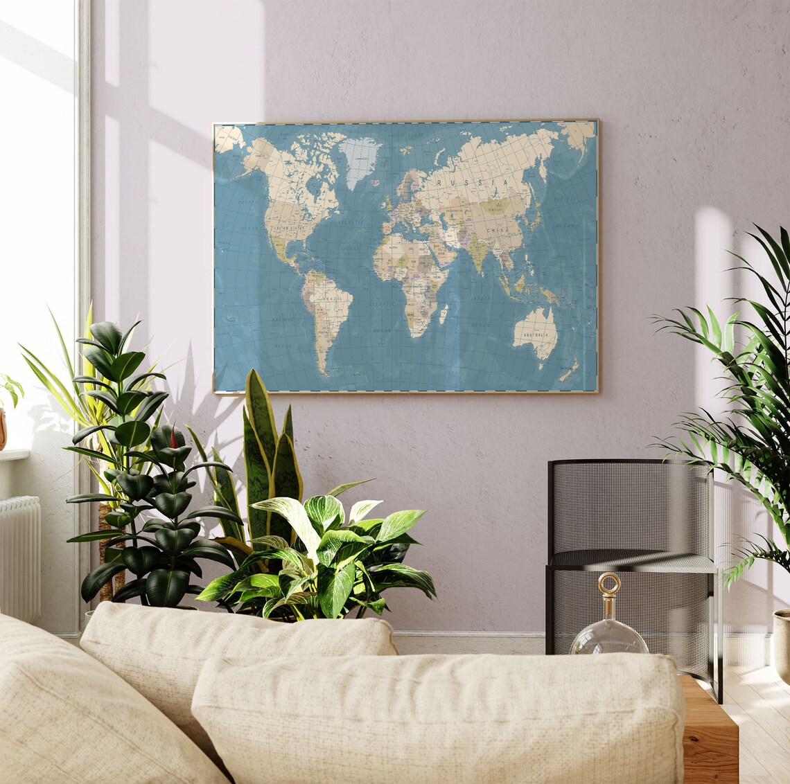 Blue Detailed Map of the World Print Wall Art Picture Poster Wall Décor ...
