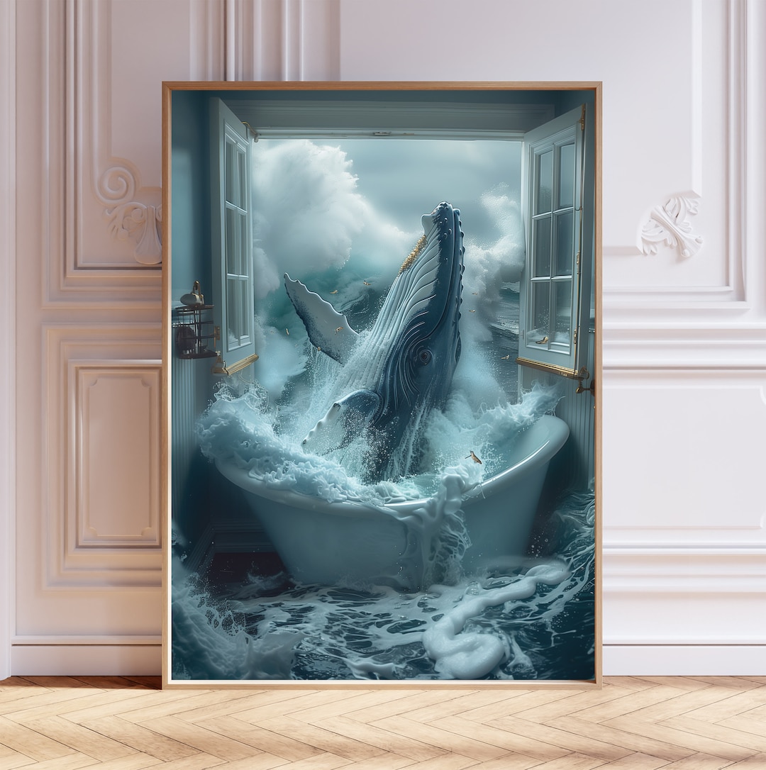 Whale Breaching Out a Bathtub Print, Bathroom Wall Decor, Bathtub Art ...