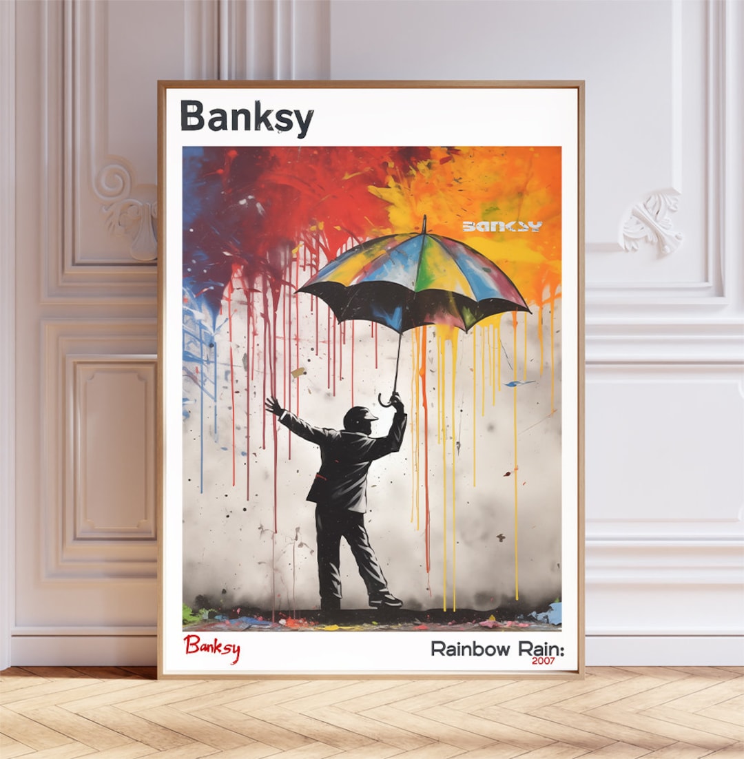 Banksy Rainbow Rain Print, Umbrella Man, Banksy Poster, Graffiti Exhibition Poster, Street Art ...