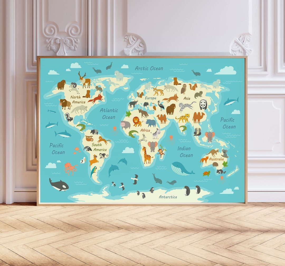 Animal World Map Poster, Kids Nursery Poster, Animal World Map Print ...