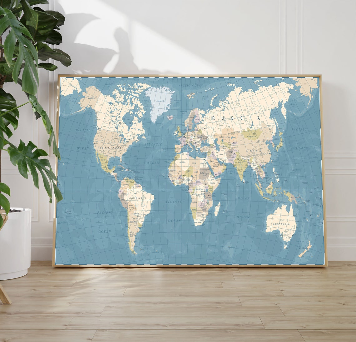 Blue Detailed Map of the World Print Wall Art Picture Poster Wall Décor ...