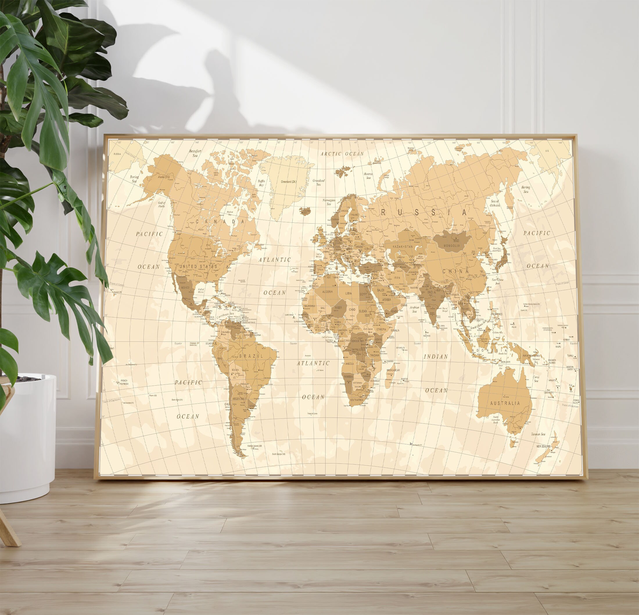 Classic World Map Print, Detailed Political Globe Map Wall Art Poster ...