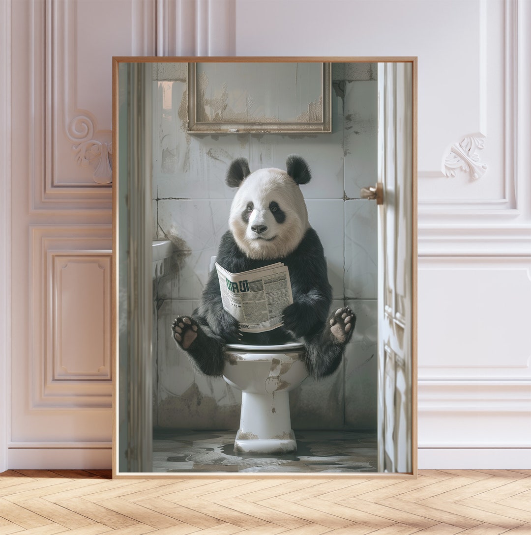 Panda on the Toilet With a Newspaper Print, Shabby Chic Art, Panda With ...