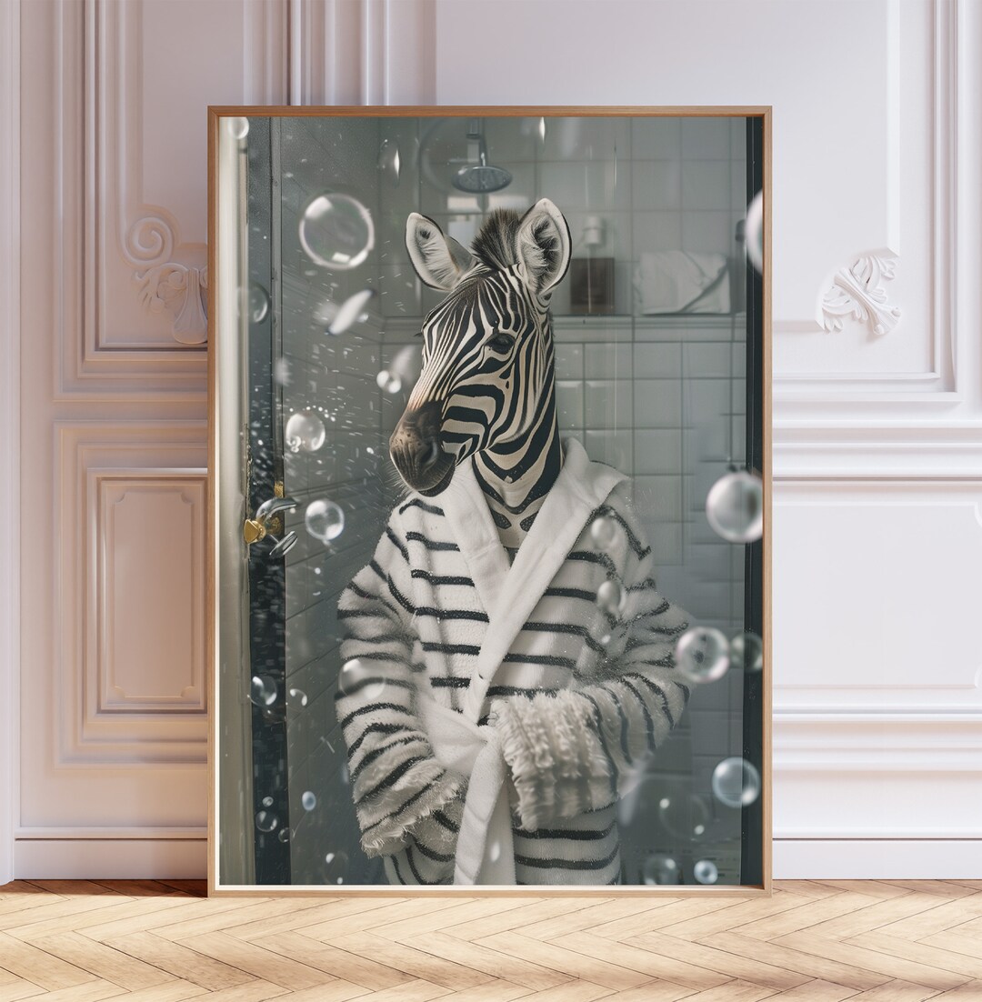 Zebra in a Bathrobe Art Print, Shabby Chic Art, Funny Bathroom Print ...