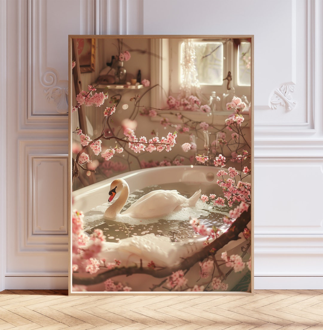 Swan Having a Bath Art Print, Shabby Chic Art, Bathtub Poster, Bathroom ...