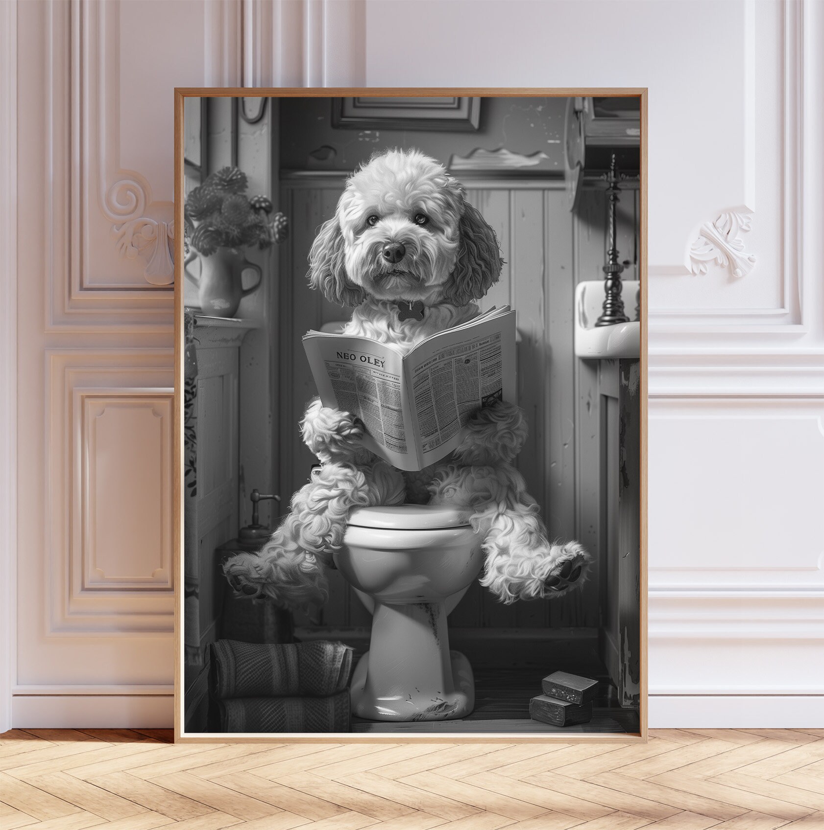 Cockapoo on the Toilet With a Newspaper Print, Black & White, Cockapoo ...