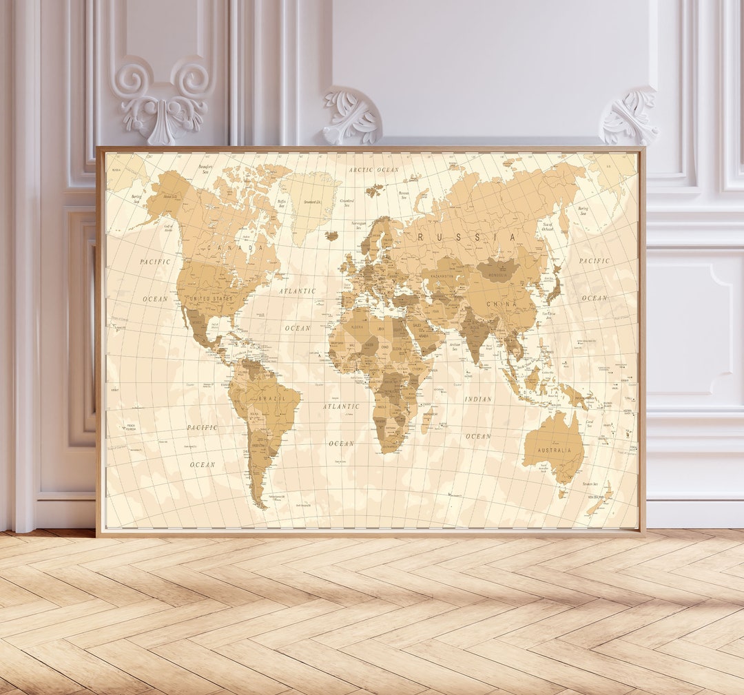 Classic World Map Print, Detailed Political Globe Map Wall Art Poster ...