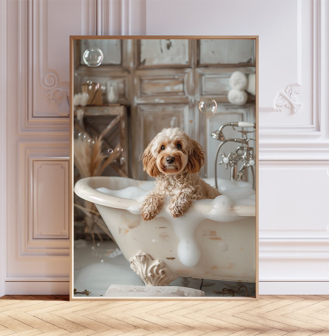 Cockapoo Having a Bath Art Print, Shabby Chic Art, Bathtub Poster ...