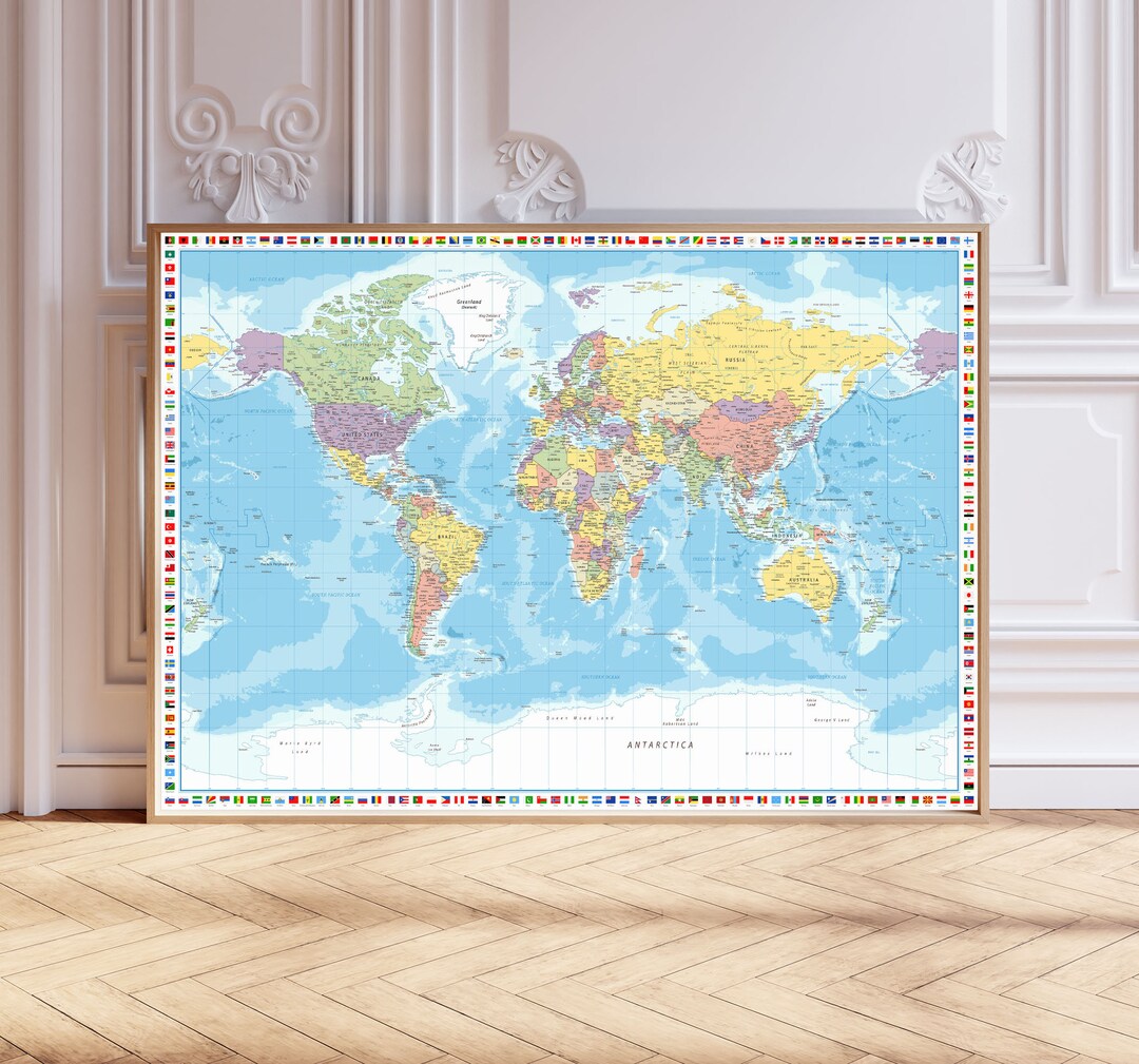 Detailed Map of the World Poster, World Map Poster Print, Wall Décor A1 ...