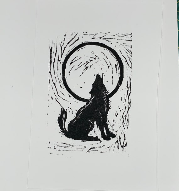Prints Wood & Linocut Prints Coyote moon phases linocut print Art ...