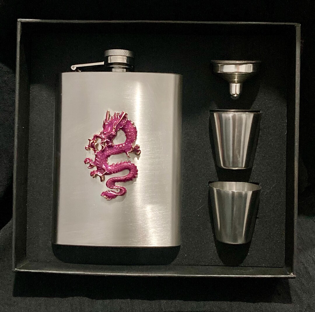 Oriental Dragon Stainless Steel 8oz Hip Flask Set. - Etsy