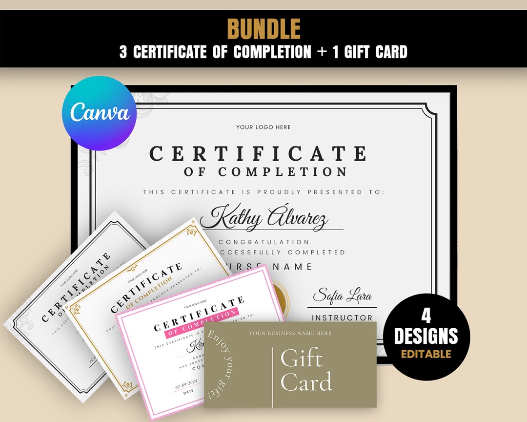 Bundle Certificate of Completion Template, Editable Beauty Rustic Canva ...