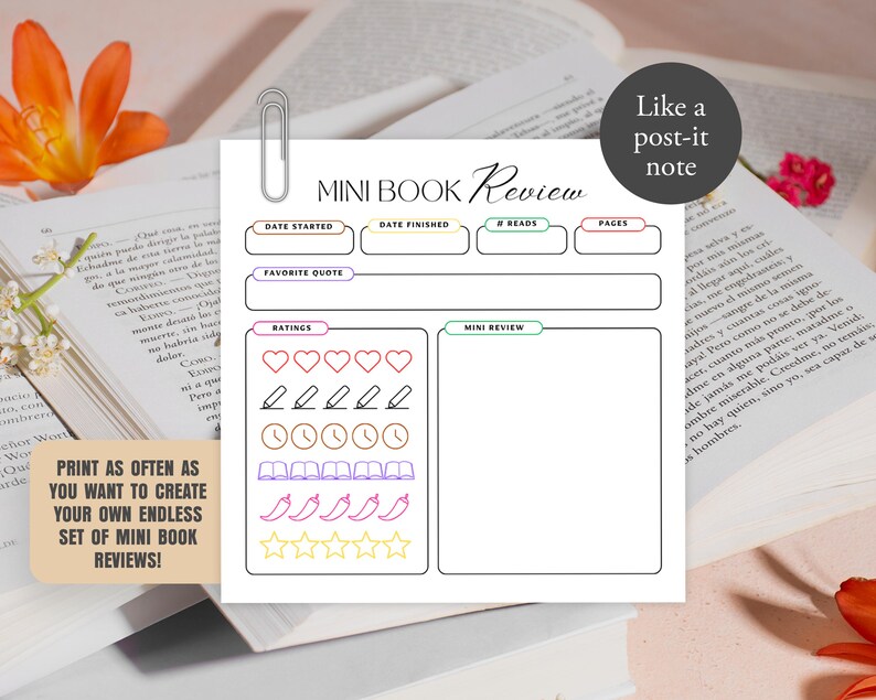 Mini Book Review Template PDF, Printable Reading Journal Page, Book ...