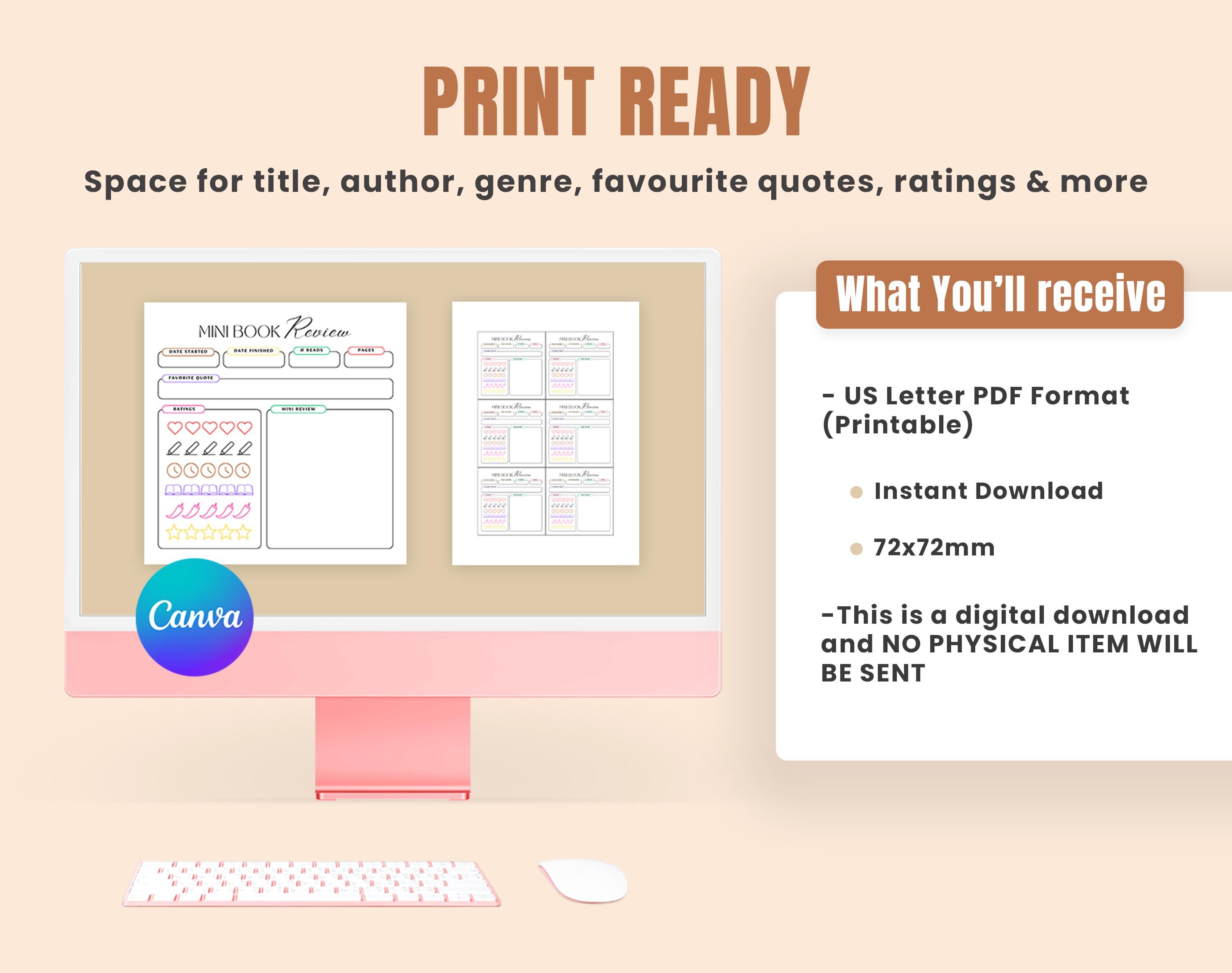 Mini Book Review Template PDF, Printable Reading Journal Page, Book ...
