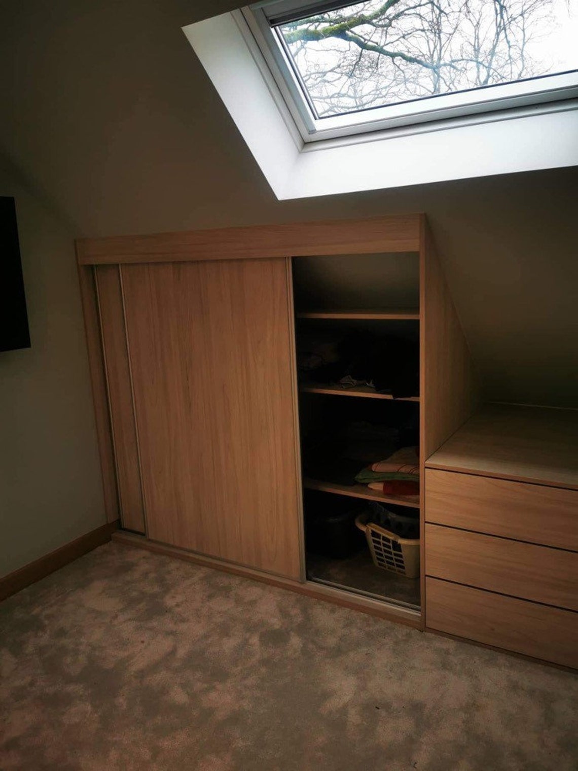 Custom Sliding Door Attic Wardrobe Sloped Ceiling Closet Melamine Oak ...