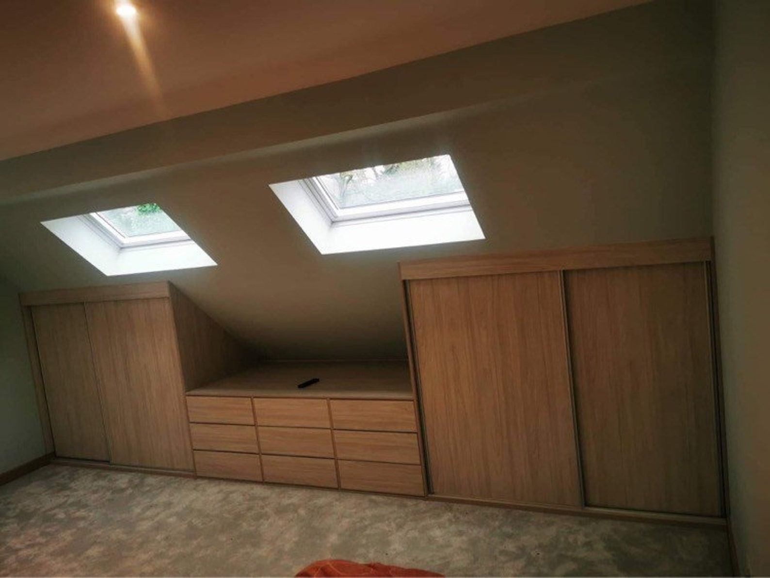 Custom Sliding Door Attic Wardrobe Sloped Ceiling Closet Melamine Oak ...