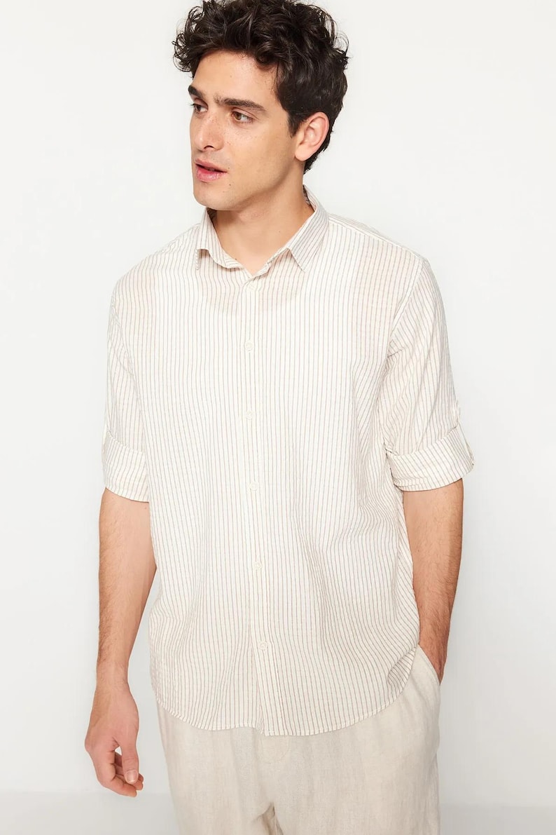 Men's Striped Linen Shirt: Cotton Blend, Regular Fit - Etsy