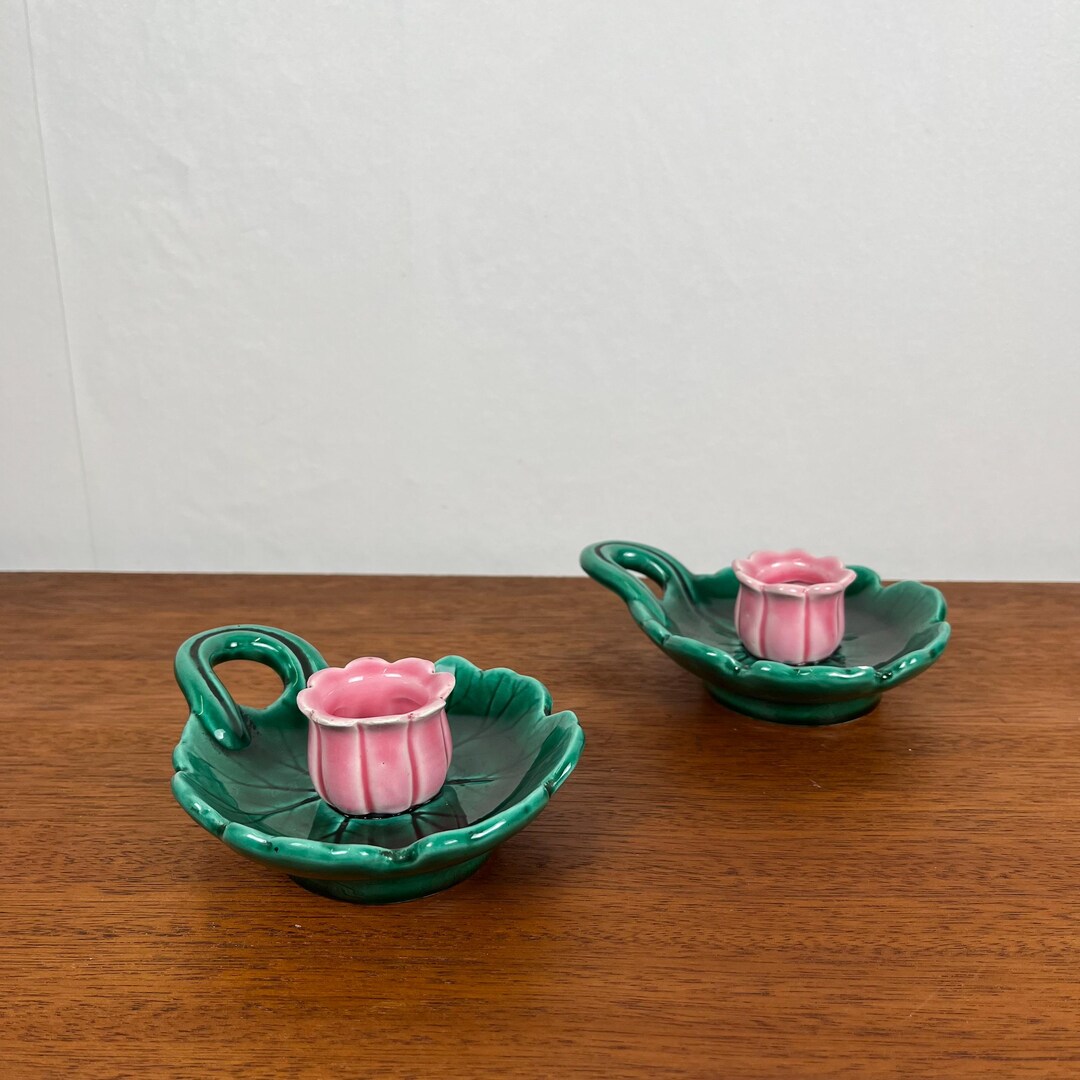 Duo of Green Leaf and Pink Flower Barbotine Candlesticks – Art Nouveau ...