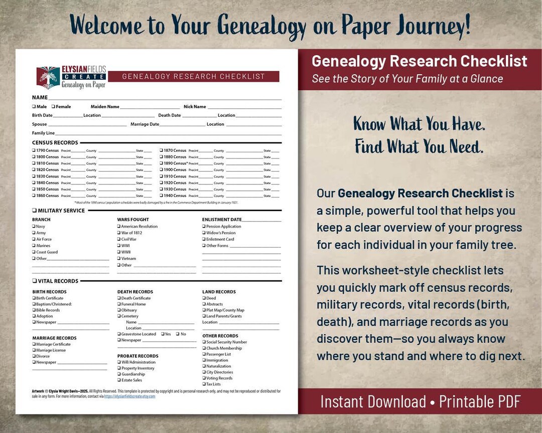 Genealogy Research Checklist: Family Tree Ancestor Tracker (printable ...