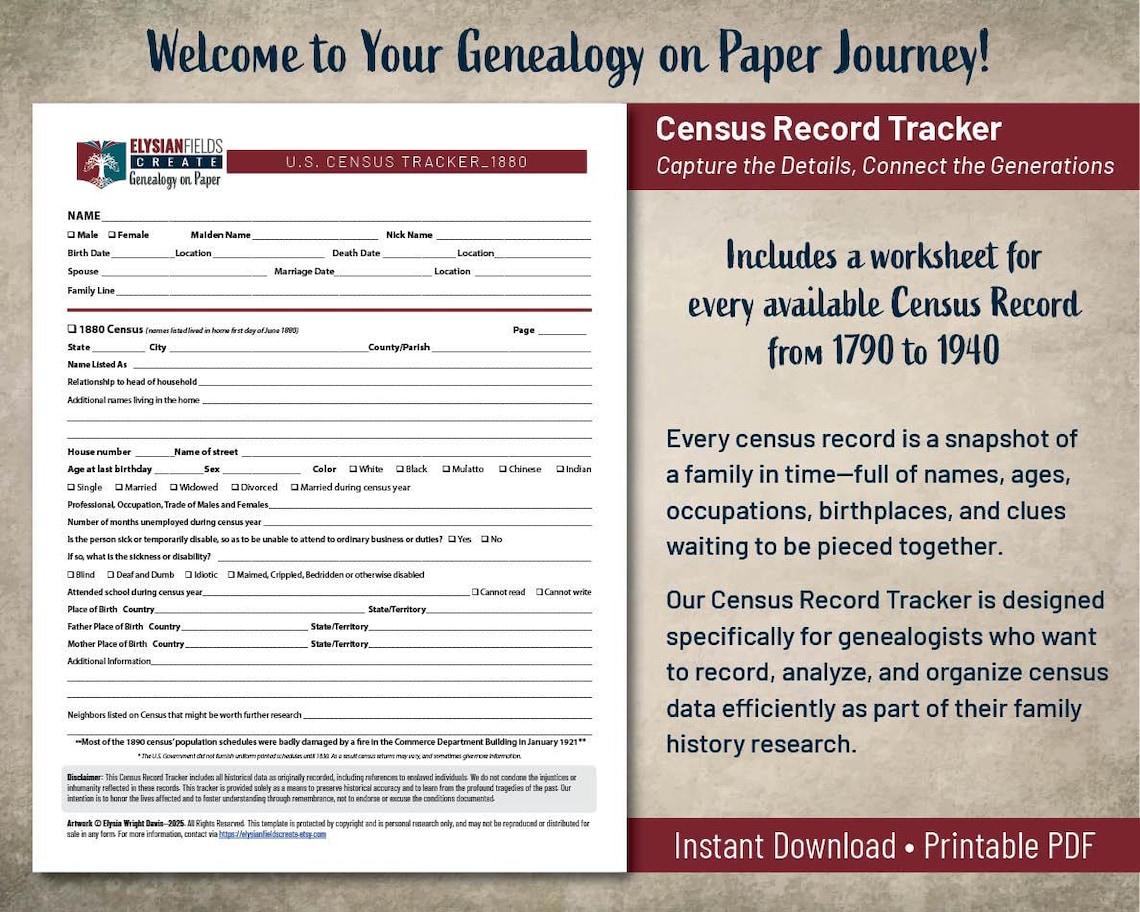 Genealogy Census Record Worksheet: Family History Tracker (printable ...