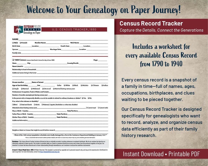 Genealogy Census Record Worksheet: Family History Tracker (printable ...