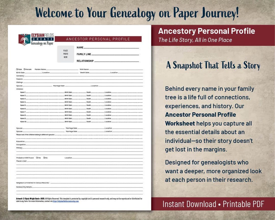 Ancestor Profile Worksheet: Genealogy Family History Organizer ...