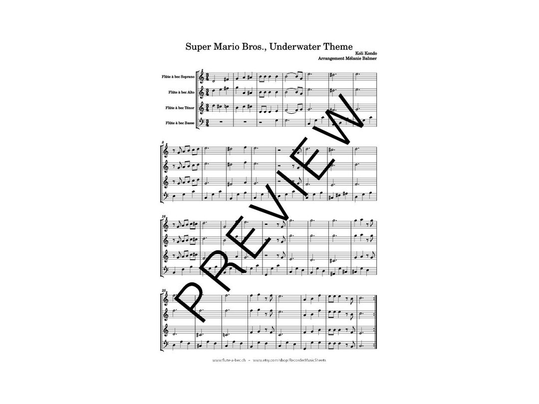 Super Mario Bros. - Underwater - Music Sheet for Recorder - Etsy