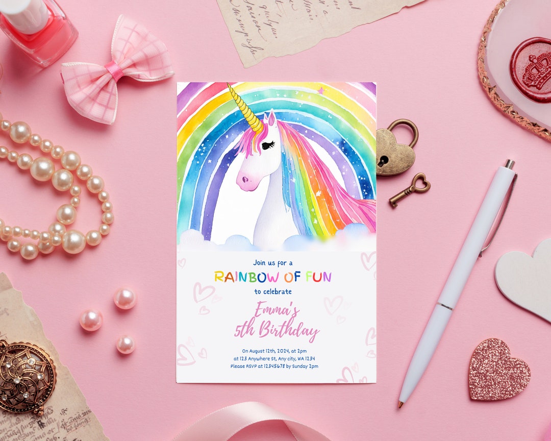 Editable Magical Rainbow Birthday Invitation - Girls Rainbow Party ...