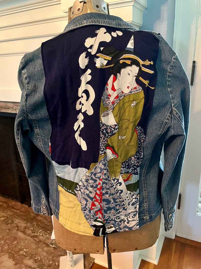 Geisha Silk Scarf Vintage Jean Jacket - Etsy
