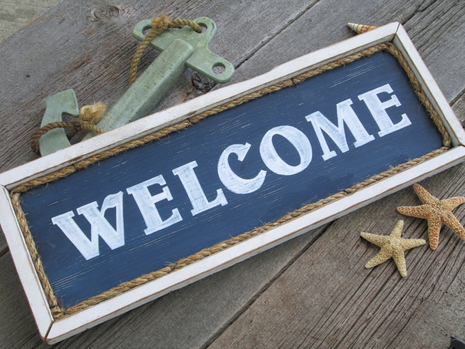 Nautical Blue Welcome Sign with rope trim beach lake ocean | Etsy