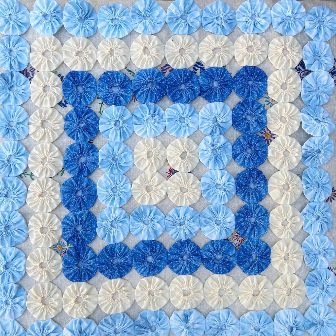 Vintage Antique Blue Yoyo Art Quilt Square Block Handmade Farmhouse 20 ...