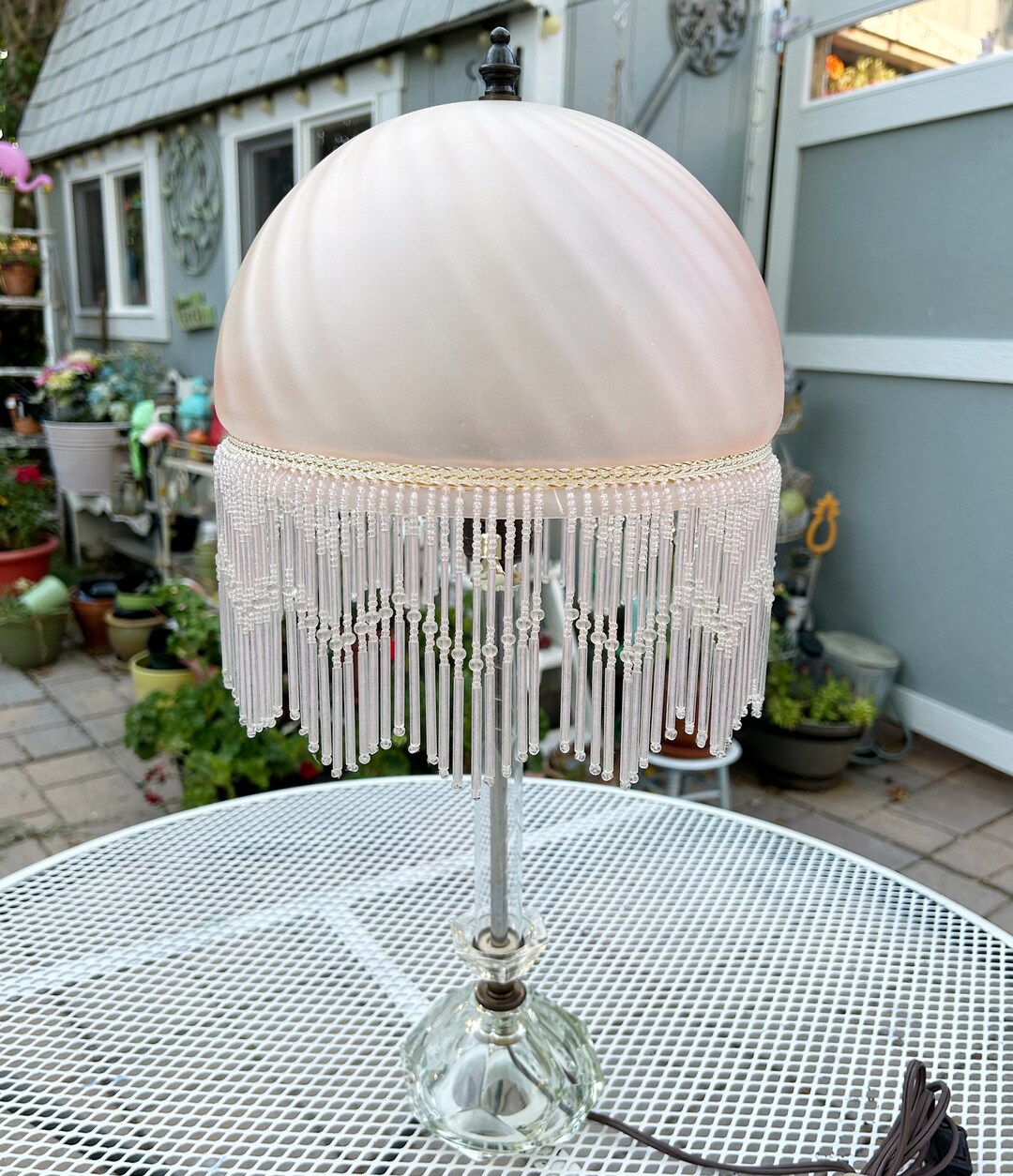 Vintage Pink Frosted Glass Lamp Shade Beaded Fringe Clear Etsy