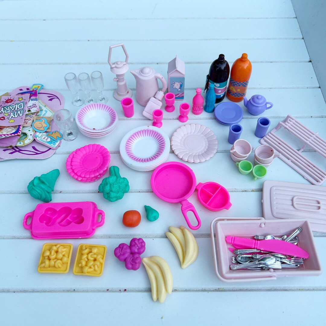 Barbie Kitchen Accessories Cooking Pans Plates Cups Food Lot of 72 - Etsy