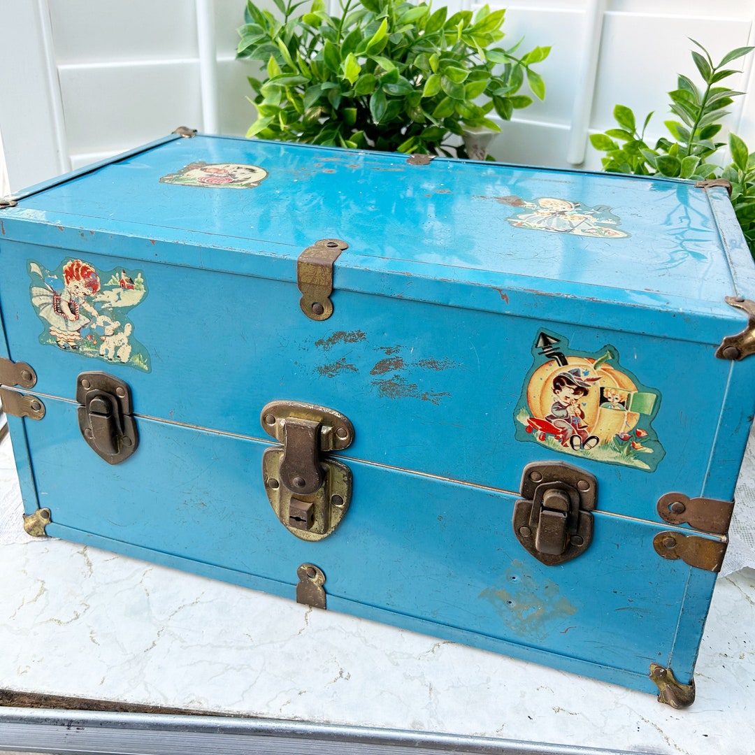 Vintage Blue Metal Doll Steamer Trunk Case Nursery Rhyme Decal - Etsy