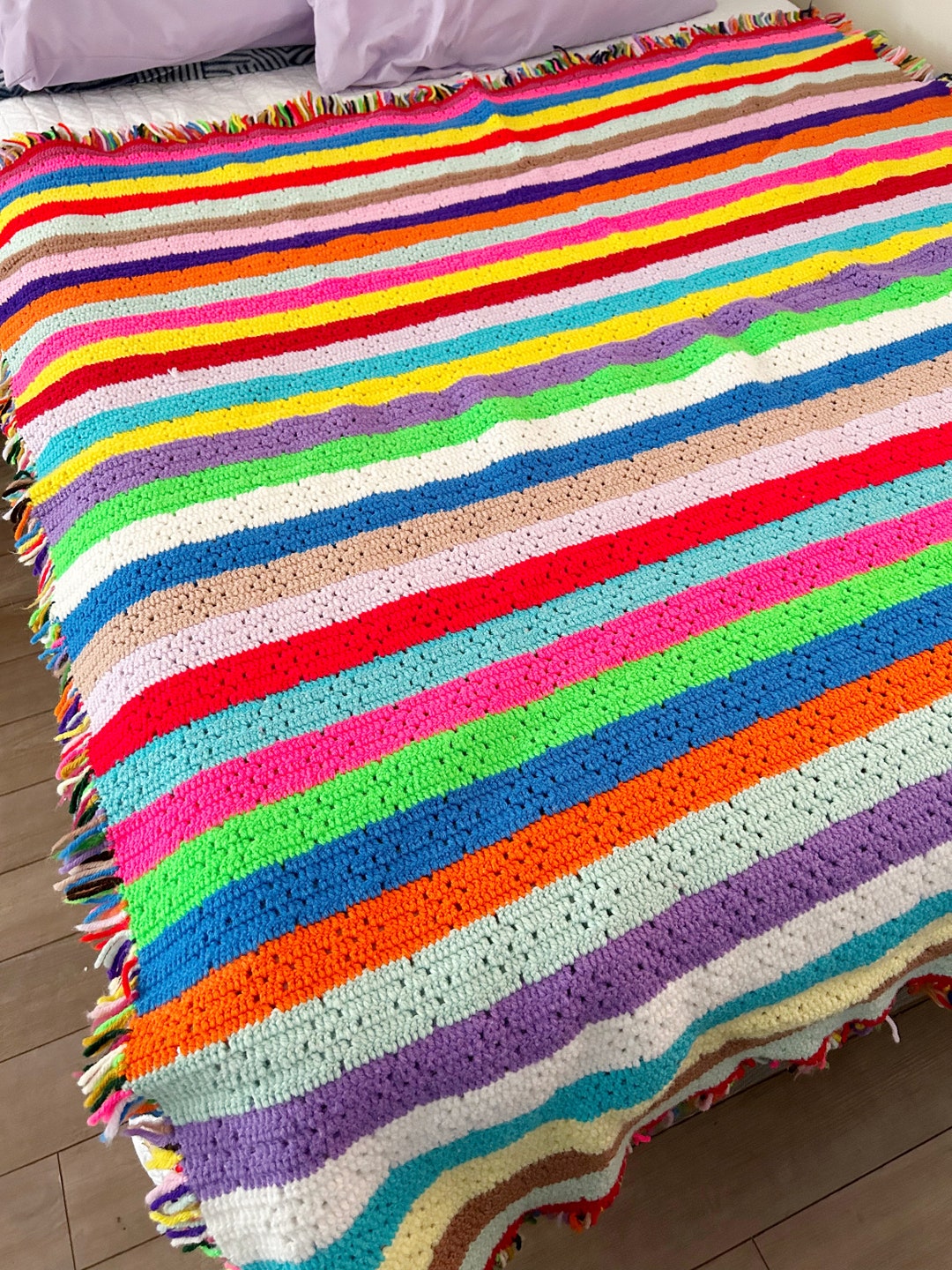 Vintage Handmade Stripe Fringe Crochet Afghan Throw Blanket Lap Quilt ...