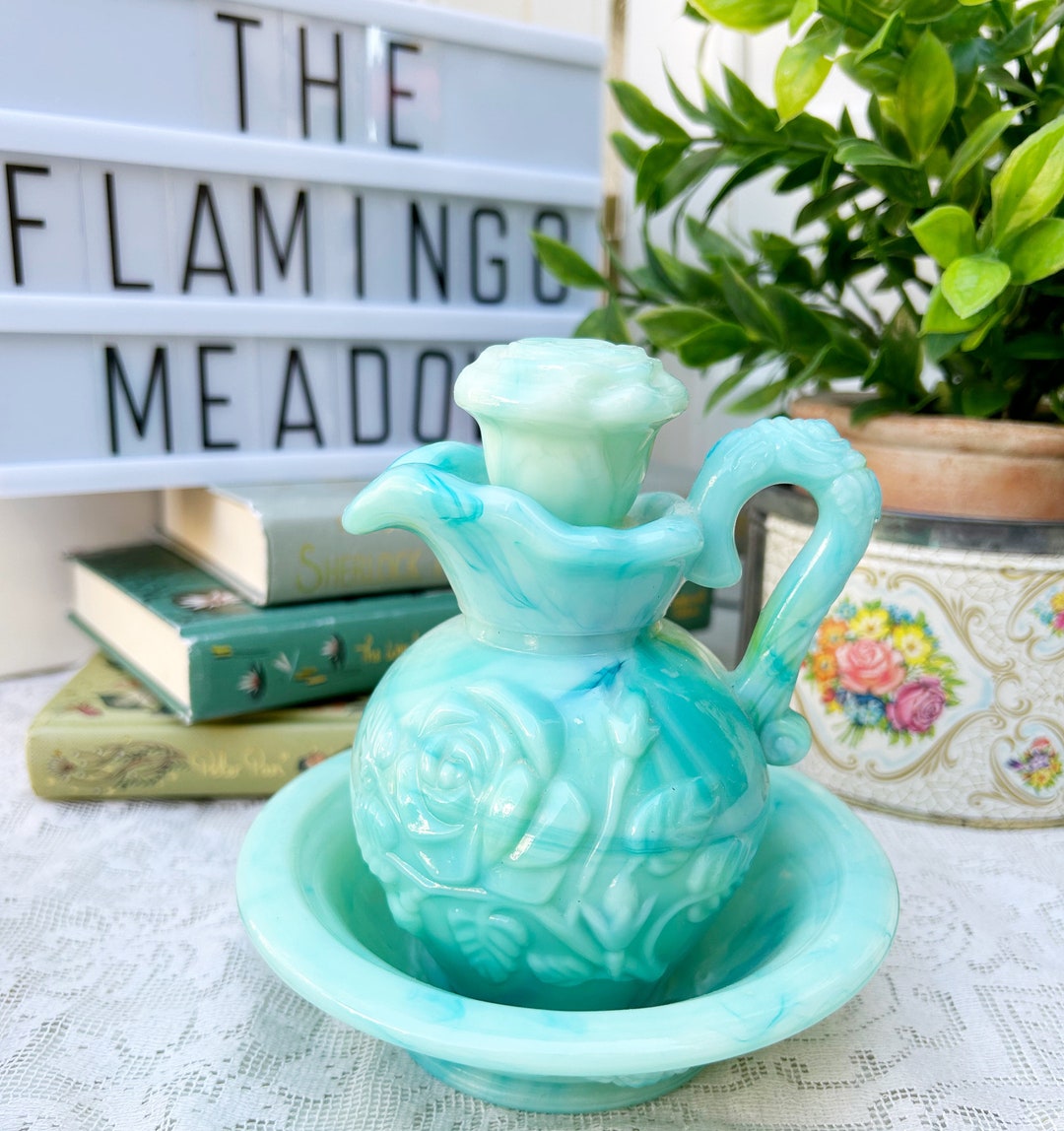 Vintage Avon Green Jade Floral Bottle Bowl Pitcher Basin Glass Decanter ...