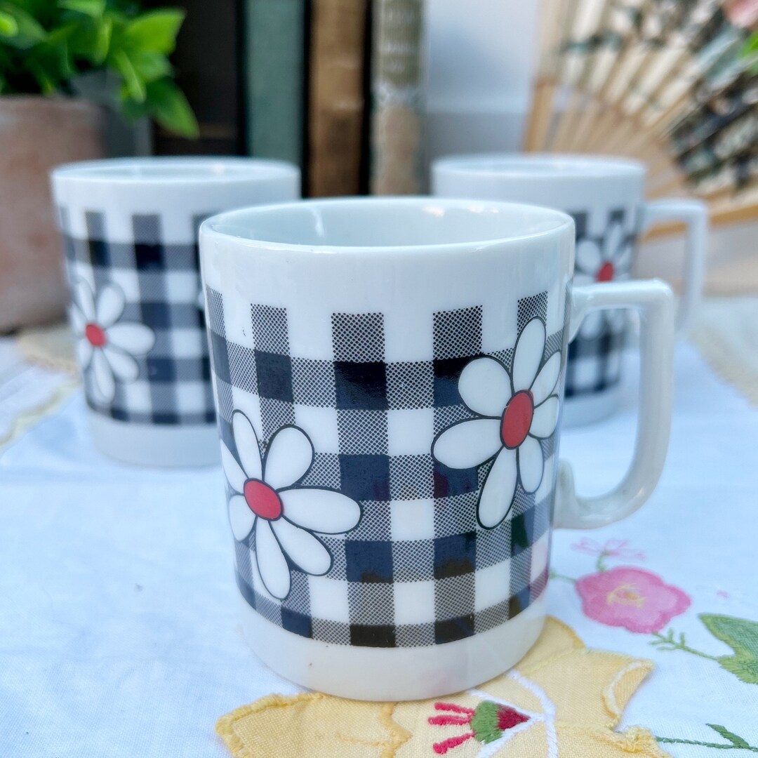 Vintage Ceramic Checker Gingham Black White Floral Mug Cup Japan Set of ...