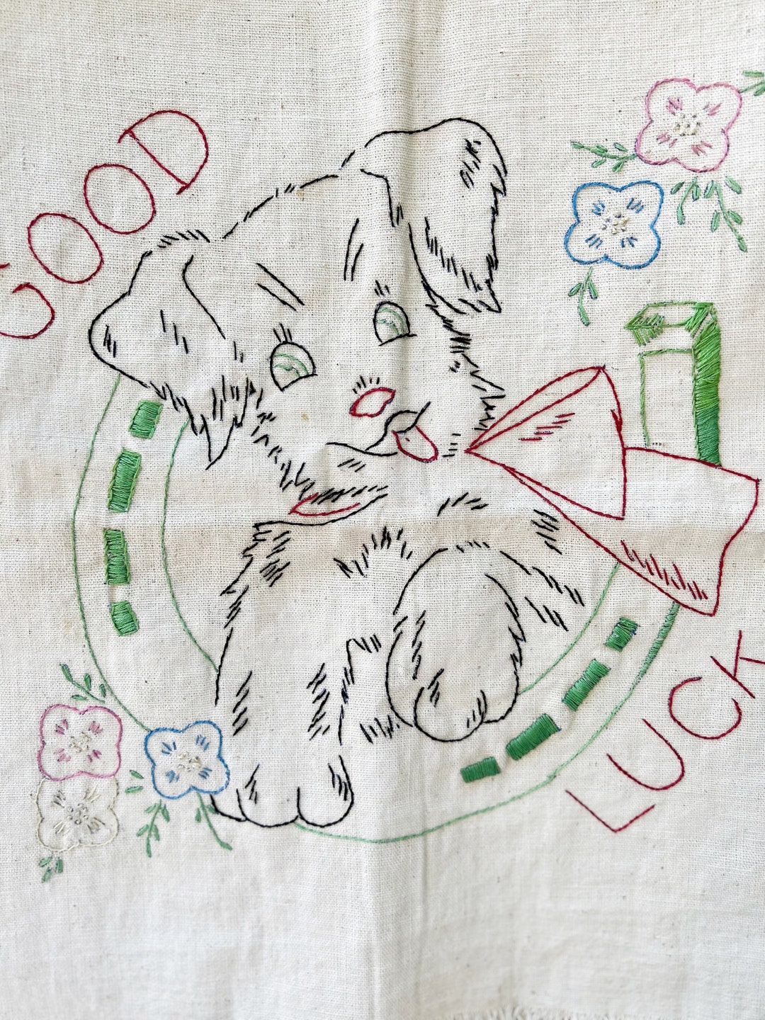Vintage Embroidered Good Luck Dog Linen Tea Towel Sewing Craft - Etsy