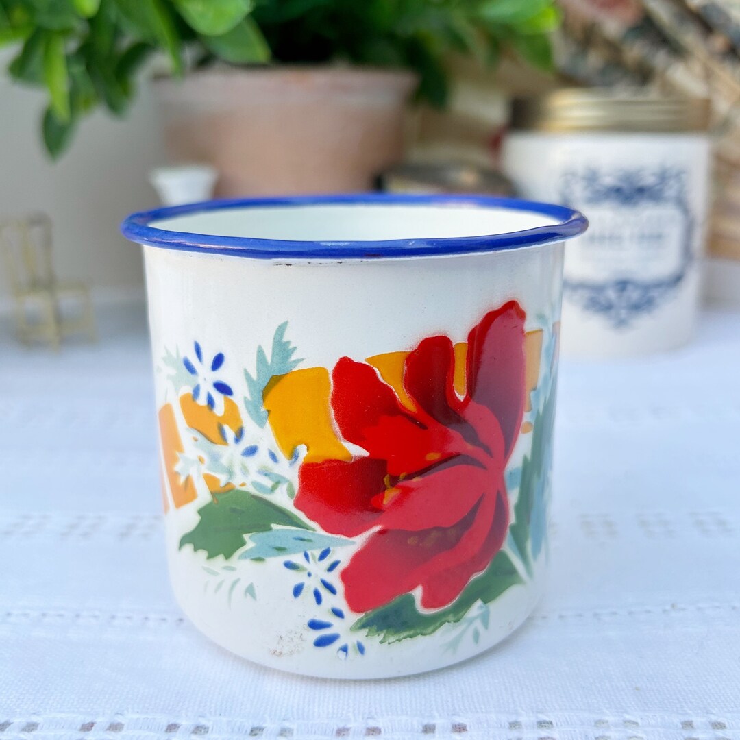 Vintage Chinese Enamel Flower Floral Kitchen Tea Pot Enamel Tea Mug Cup ...